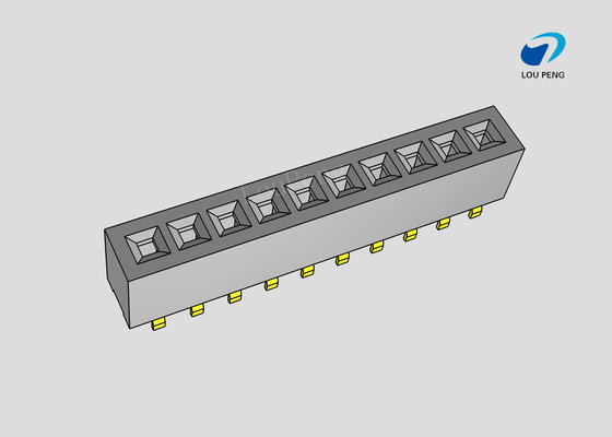 Female header, PCB Mount Receptacle, right angle, Board-to-Board, 10 Position, 1.27mm Pitch, single row, Gold Flash, SMT supplier